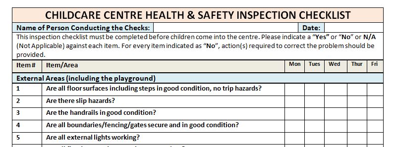 Child Care Centre Health and Safety Inspection Checklist – Health and ...